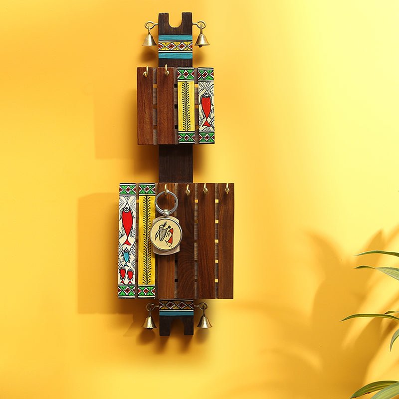 Madhubani Hand-Painted Key Holder In Sheesham & Teak Wood (6 Hooks ...